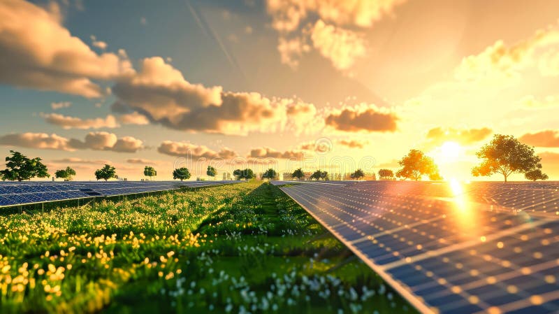 A Golden Sunset Illuminates a Vast Array of Solar Panels Stock Photo ...