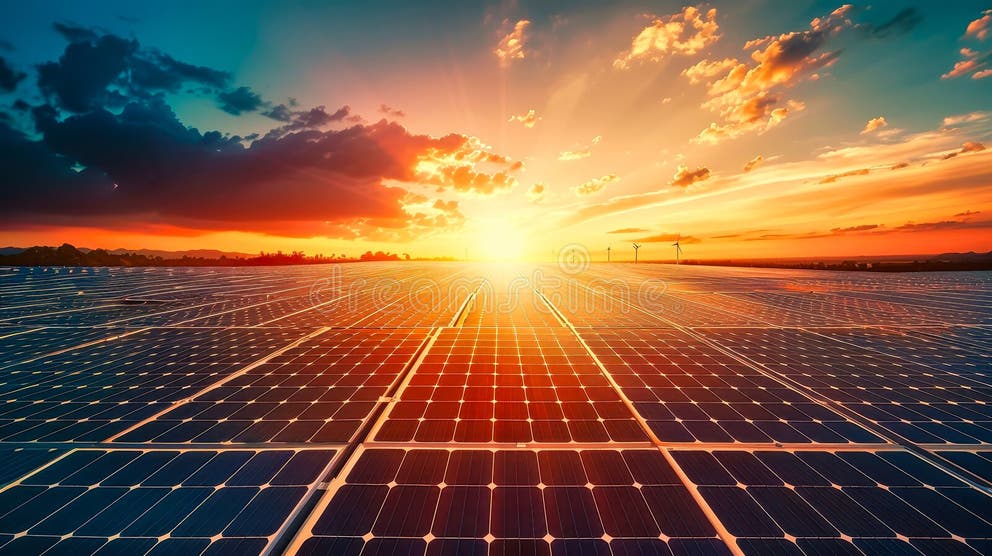 A Golden Sunset Illuminates a Vast Array of Solar Panels Stock Photo ...