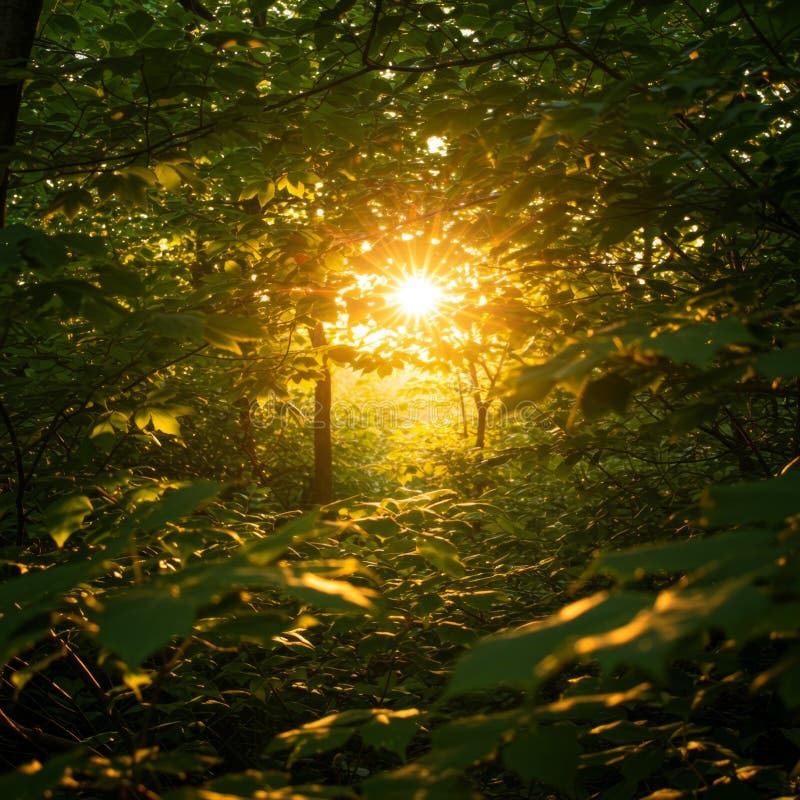 Golden Sunset through Lush Green Forest Canopy Stock Illustration - Illustration of golden ...