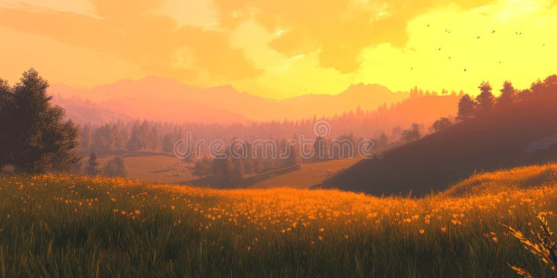 Golden Sunset Meadow Landscape Stock Illustration - Illustration of ...