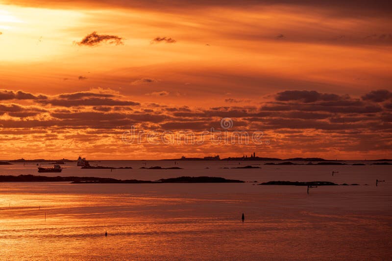 Golden Sunset Over an Archipelago with Freight Ships Waiting for Goods ...
