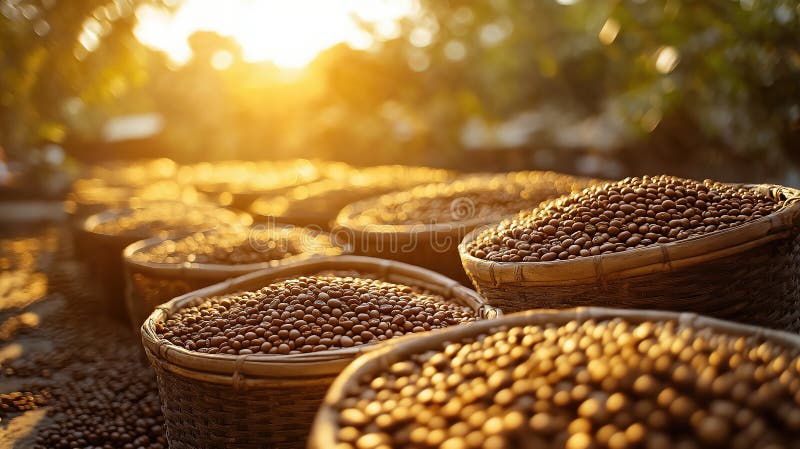 Golden Sunset Over Baskets of Fresh Coffee Beans in a Bountiful Harvest ...