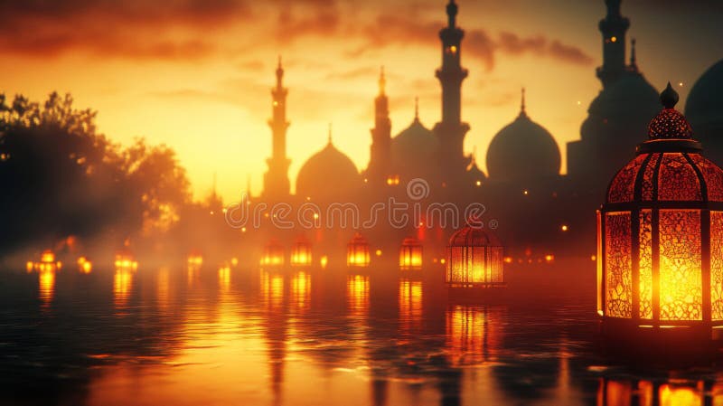 Golden Sunset Over City Mosque with Glowing Lanterns Reflected in Water ...