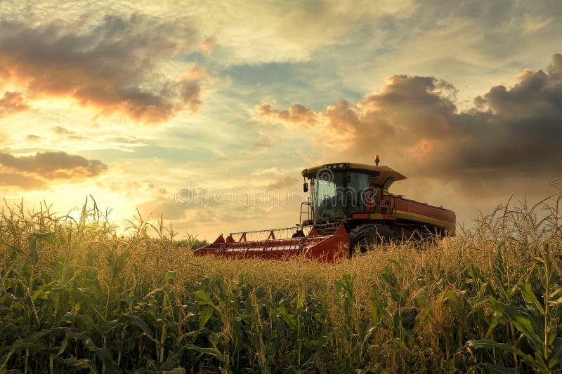 Golden Sunset Over Corn Field with Combine Harvester at Work Creating a ...