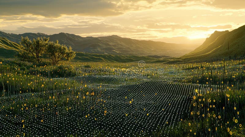 Golden Sunset Over a Field of Glowing Flowers Stock Photo - Image of ...