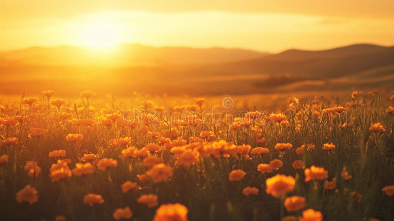Golden Sunset Over a Field of Orange Wildflowers Stock Illustration ...