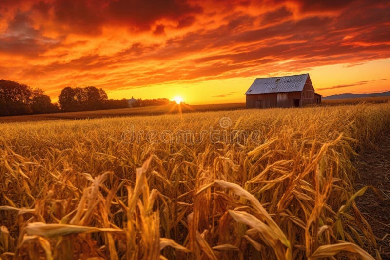 Golden Sunset Over a Freshly Harvested Cornfield Stock Illustration ...