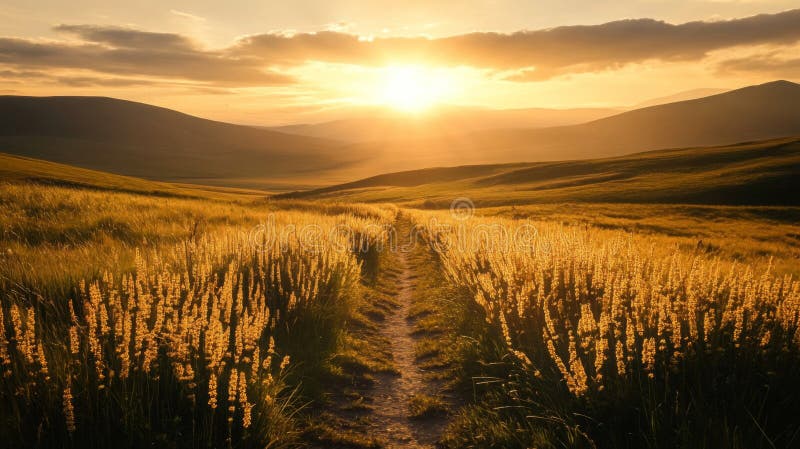Golden Sunset Over a Grassy Field and Path Stock Illustration ...