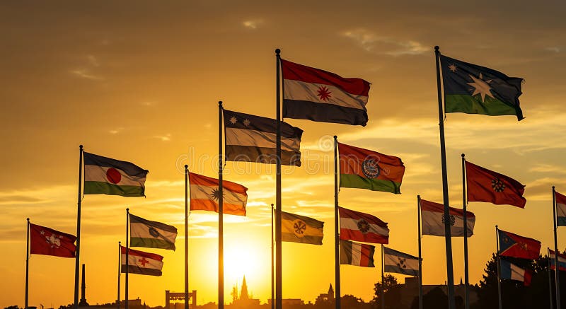 Golden Sunset Over International Flags Stock Illustration ...