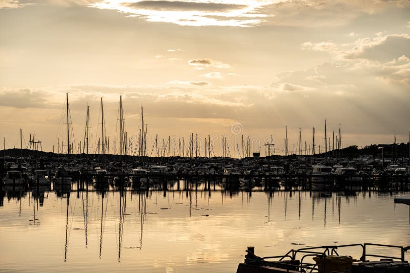 Golden Sunset Over a Large Marina in Spring.. Stock Image - Image of ...