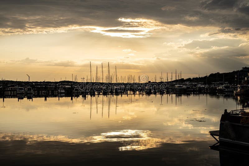 Golden Sunset Over a Large Marina in Spring.. Stock Image - Image of ...