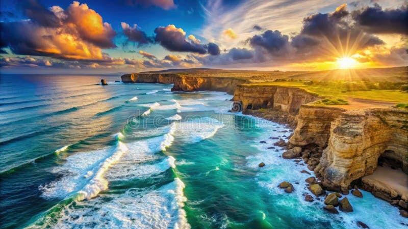 Golden Sunset Over Ocean Cliffs and Rolling Waves. Generative AI Stock ...