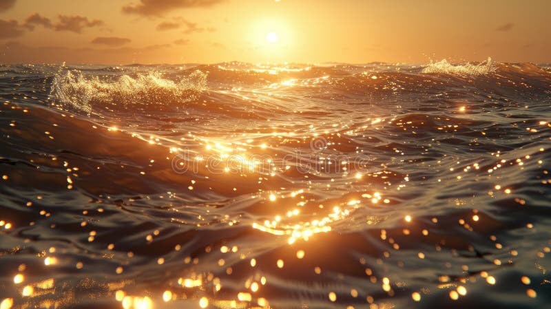 Golden Sunset Over the Ocean, Waves Glistening with Reflected Sunlight ...