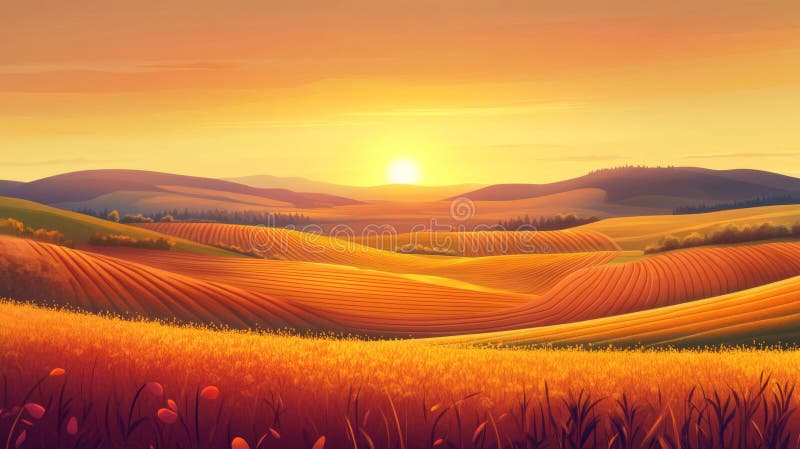 Golden Sunset Over Pixelated Fields Stock Illustration - Illustration ...