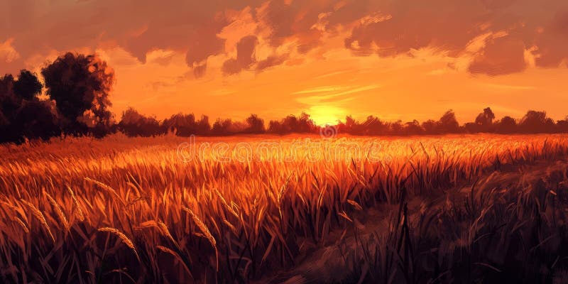 Golden Sunset Over Rolling Fields with Dramatic Sky and Trees Stock ...