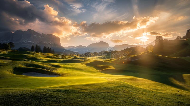 Golden Sunset Over Rolling Hills of a Lush Golf Course with Mountain ...