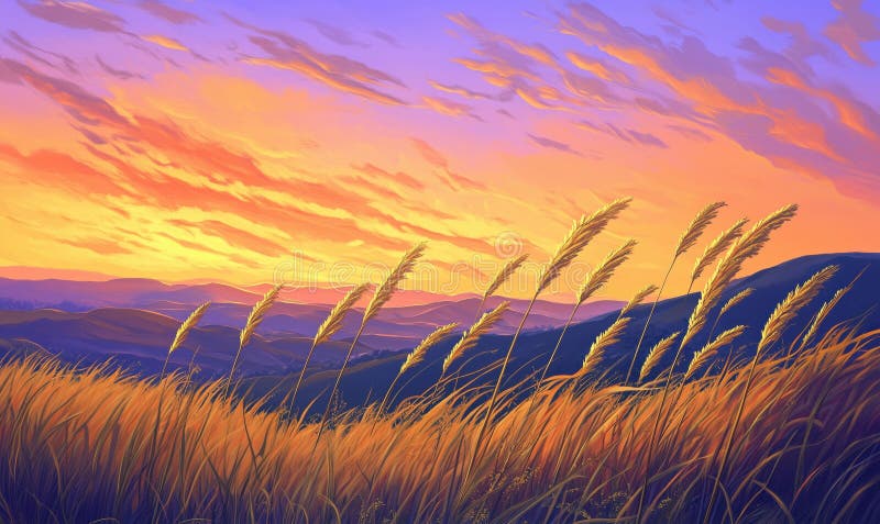 Golden Sunset Over Rolling Hills with Tall Grass Swaying in the Breeze ...