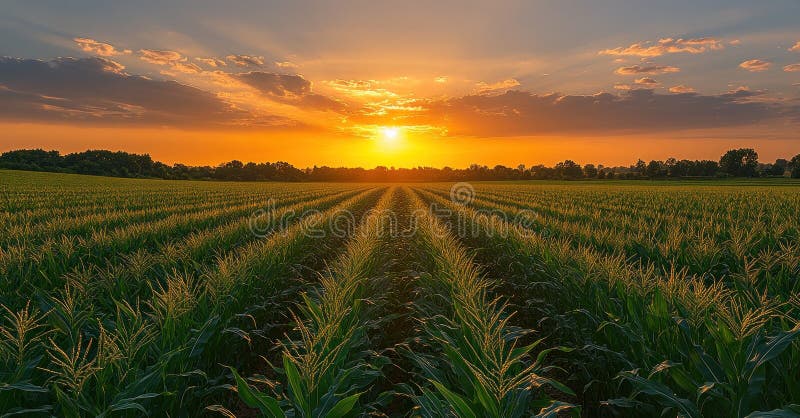 Golden Sunset Over Rows of Growing Cornfield Stock Photo - Image of ...