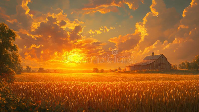 Golden Sunset Over a Rural Field with Barn Stock Illustration ...