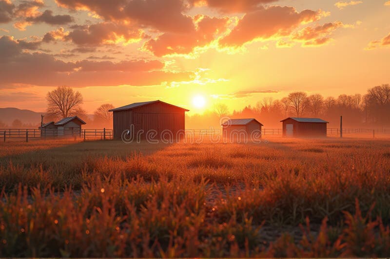 Golden Sunset Over Rustic Barns Fields Serene Countryside Landscape ...