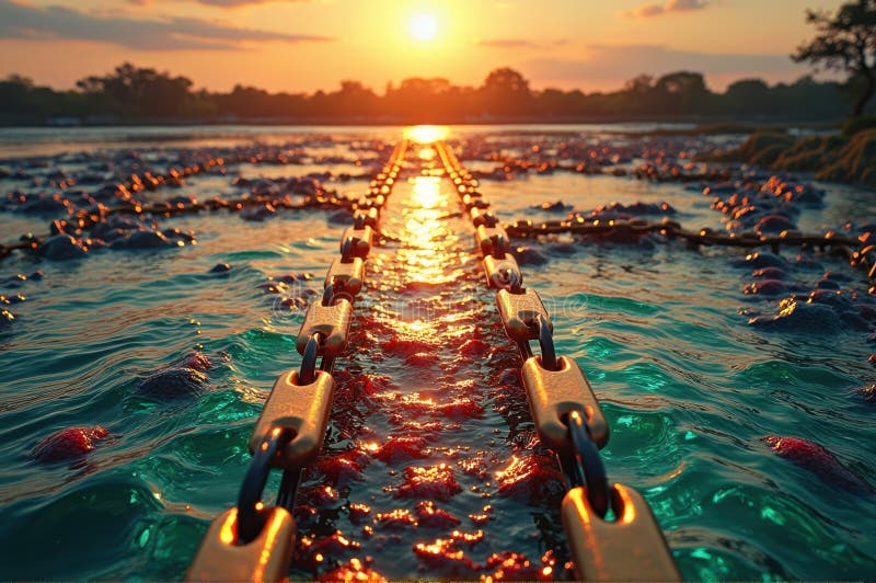 Golden Sunset Over Serene Lake with Chain Path and Rippling Water ...