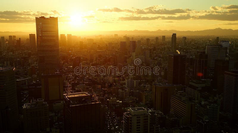 Golden Sunset Over a Sprawling Cityscape, Showcasing a Dense Collection ...