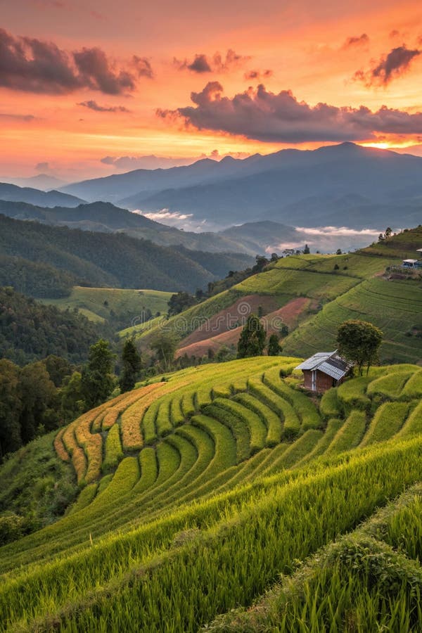 Golden Sunset Over Terraced Rice Fields in Chiang Mai, Thailand Stock ...