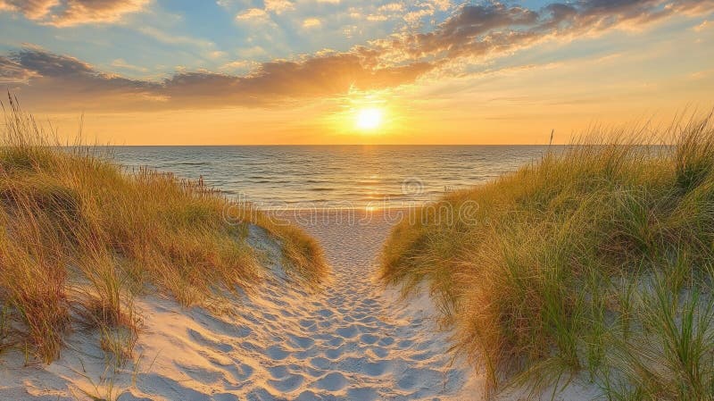 Golden Sunset Over a Tranquil Beach with Sandy Pathway Stock ...
