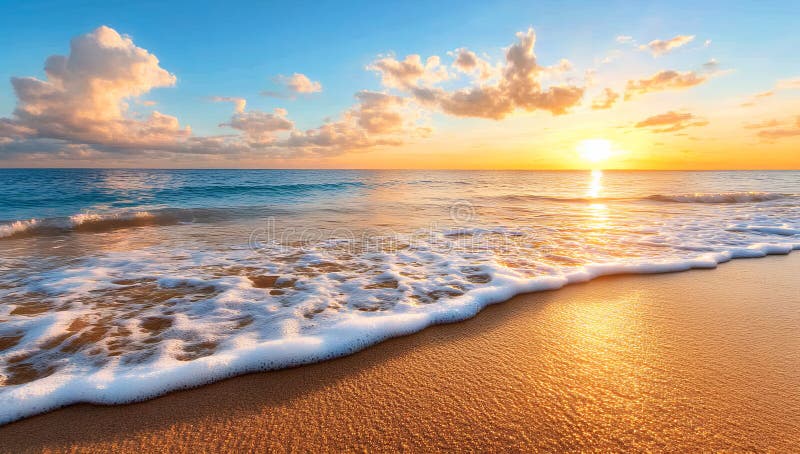 Golden Sunset Over Tranquil Ocean Waves Gently Lapping a Sandy Beach Stock Image - Image of sand ...