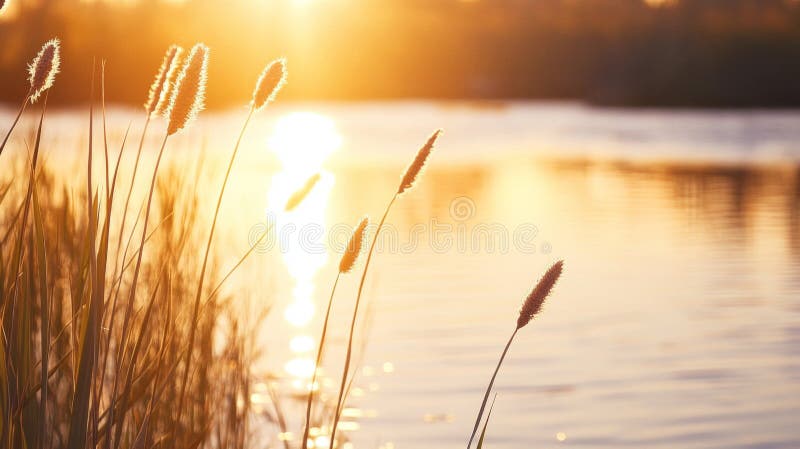 Golden Sunset Over Water with Tall Grasses Stock Image - Image of warm ...