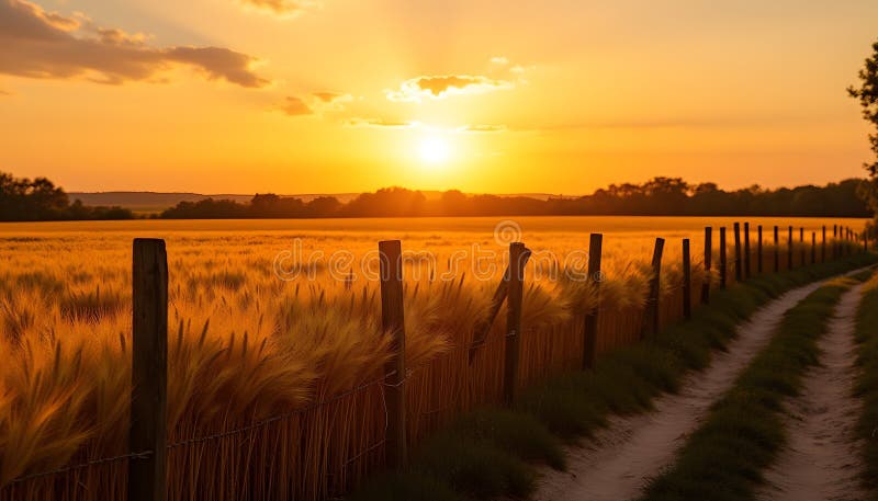 Golden Sunset Over Wheat Fields with Rustic Fence and Dusty Path Stock ...