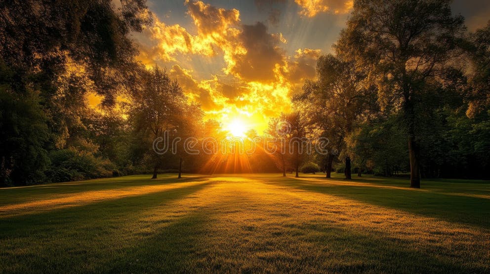 Golden Sunset in a Park with Trees and Grass Stock Illustration ...