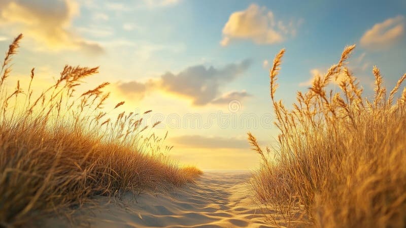 Golden Sunset Path through Dunes Stock Illustration - Illustration of ...