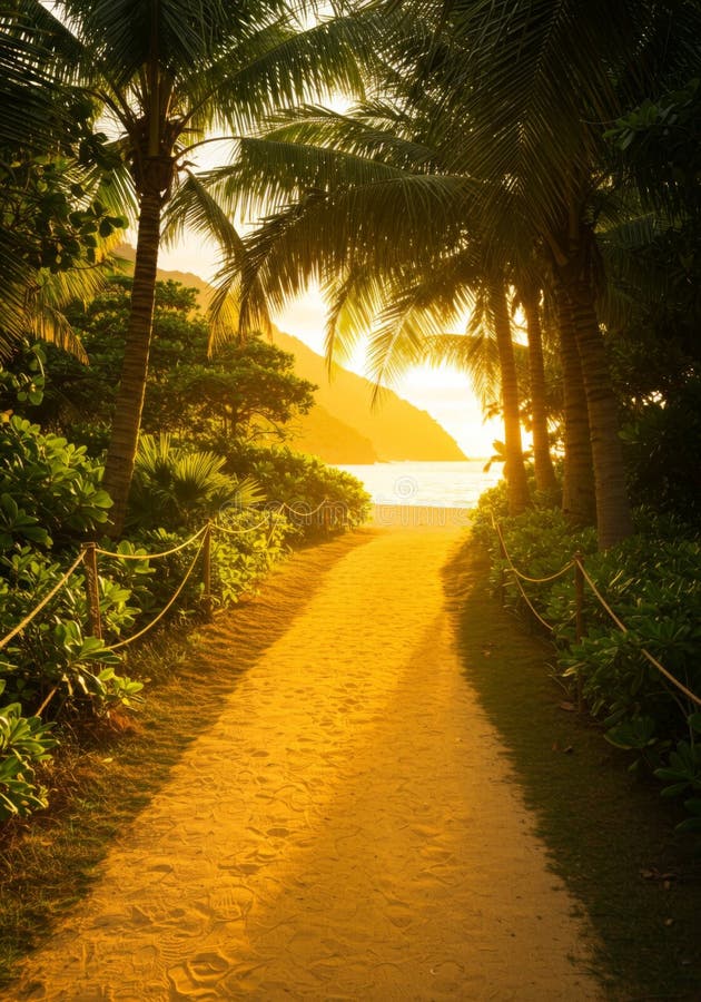 Golden Sunset Path Leading To Tropical Beach Stock Illustration ...