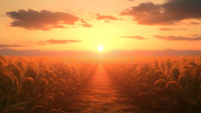 Golden Sunset Path through Tall Grass Field Stock Illustration ...
