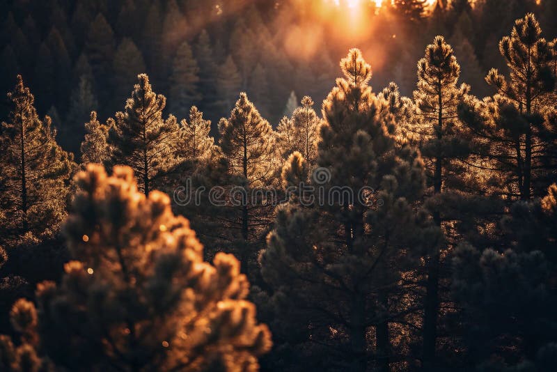 Golden Sunset through Pine Forest Canopy Stock Illustration ...