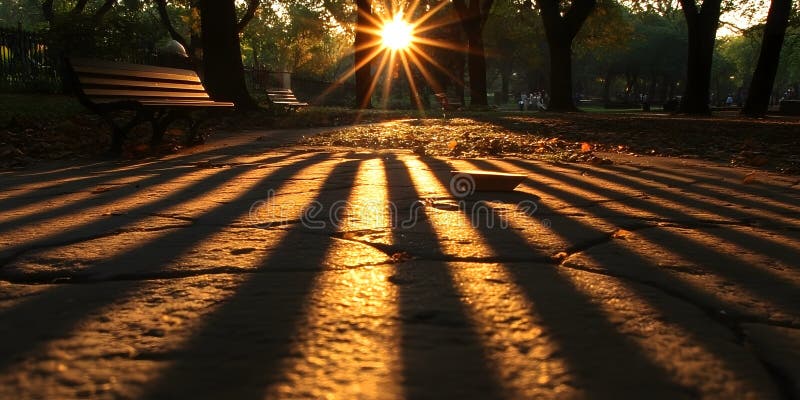 Golden Sunset Rays Casting Long Shadows on Park Pathway with Bench ...