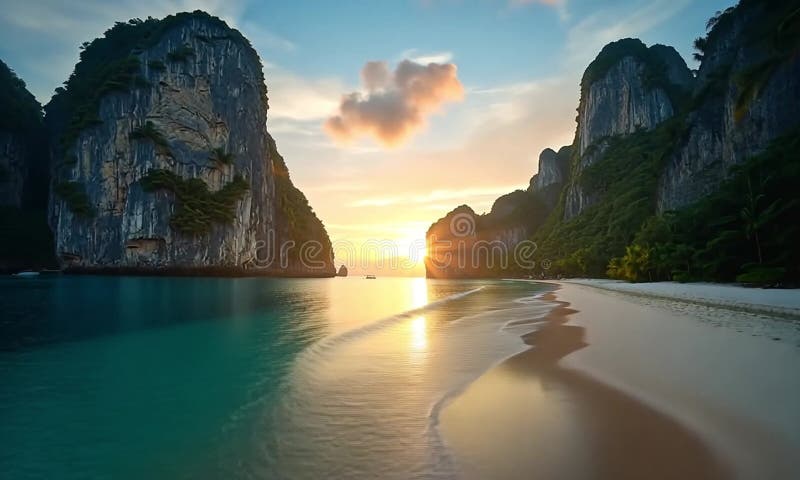 Spectacular Sunset between Tropical Limestone Cliffs on a Secluded ...