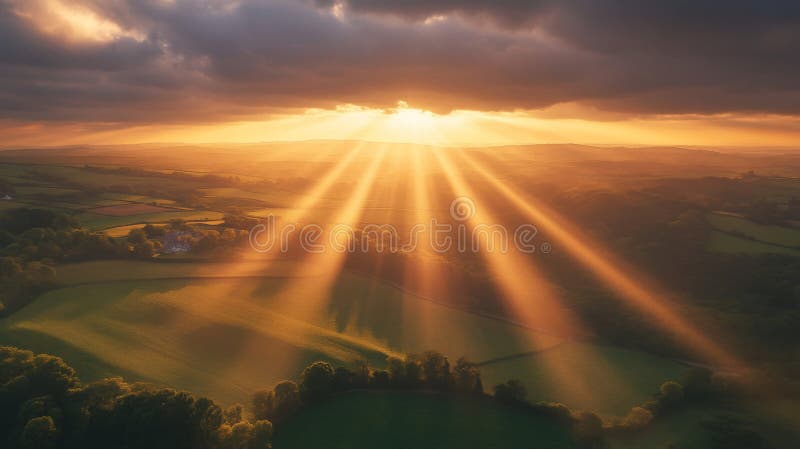 Golden Sunset Rays Over Rolling Hills Stock Illustration - Illustration ...