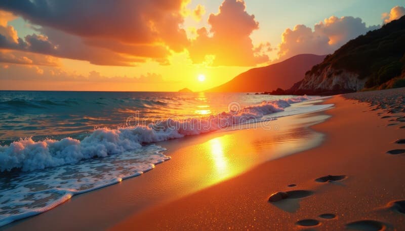Golden Sunset Reflecting on Pacific Beach Sand, Horizon, Evening ...