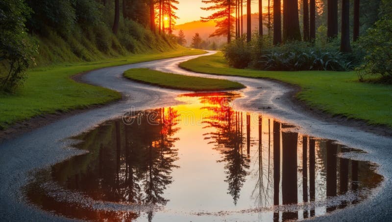 Golden Sunset Reflecting in Puddle on Forest Path. Stock Image - Image ...