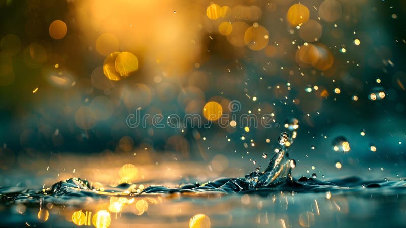 Golden Sunset Reflections on Water with Splashes and Bokeh Effects ...