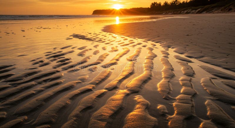 Golden Sunset on Sandy Beach with Water Patterns Stock Illustration ...