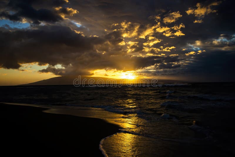 Golden Sunset Seascape with Sun Setting Behind Island Stock Photo ...