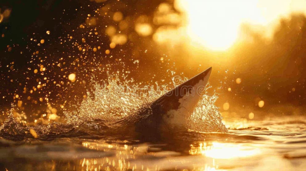 Golden Sunset Shark Fin Breaks Water Surface Stock Image - Image of ...