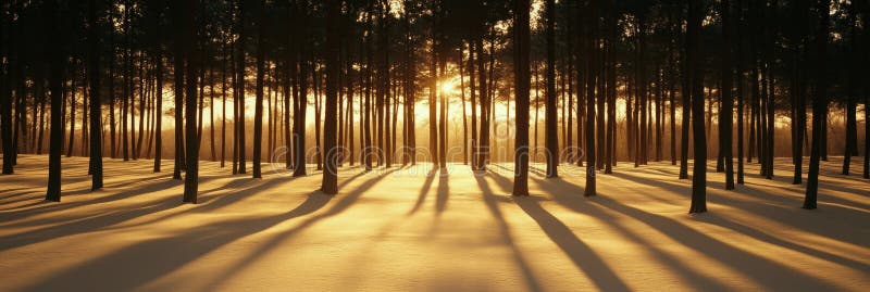 Golden Sunset through a Snowy Forest, Long Shadows of Tall Pine Trees ...