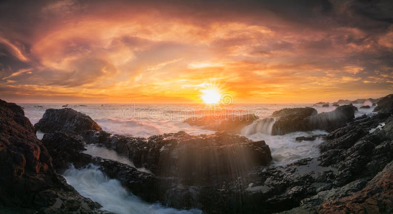 Golden Sunset and Splashes at Beluga Rock Stock Image - Image of coast ...