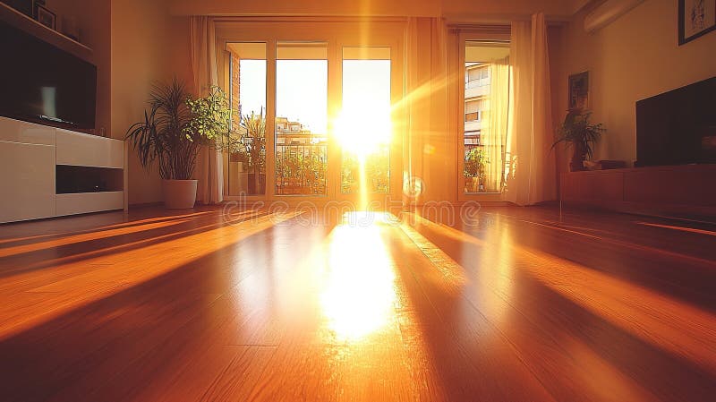 Golden Sunset Sunlight Streaming into Modern Living Room Stock ...