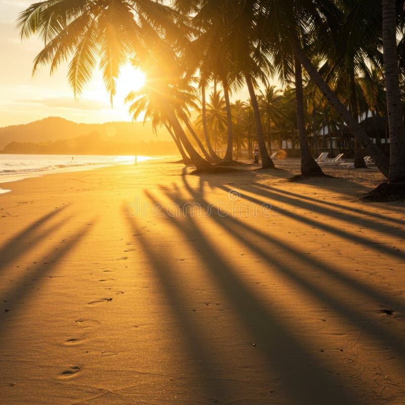 Golden Sunset on Tropical Beach with Palm Trees Stock Illustration ...