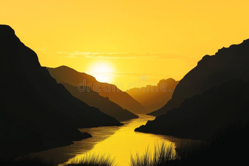 Golden Sunset Valley Landscape Stock Illustration - Illustration of ...